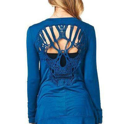 Scoop Pure Color Skull Hole Long Sleeves Blouse on Luulla