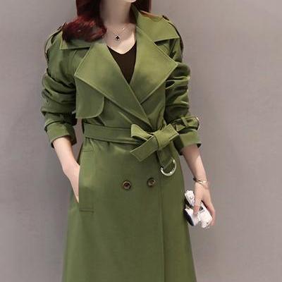 Simple Style Pure Color Lapel Belt Slim Long Coat on Luulla