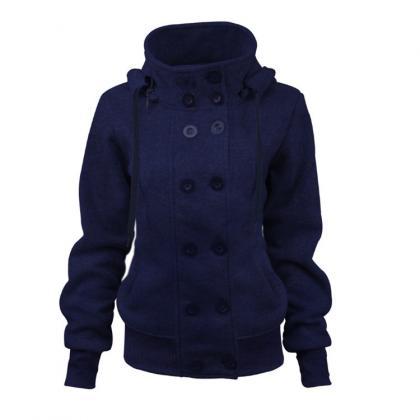 Double Breasted Drawstring Buttons Slim Regular Hooded Coat on Luulla
