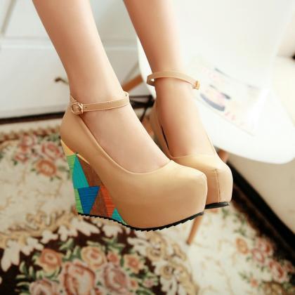 Round Toe Platform Ankle Wrap Wedge Shoes on Luulla