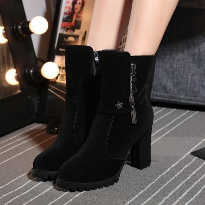Suede Pure Color Zipper Chunky Heel Round Toe Boots on Luulla