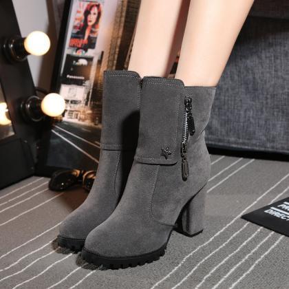 Suede Pure Color Zipper Chunky Heel Round Toe Boots on Luulla