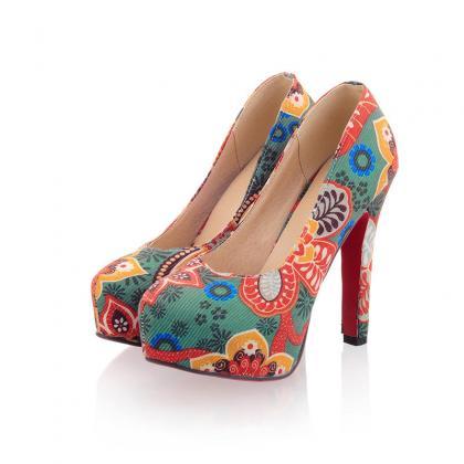 Cotton Cloth Chunky Heel Flower Print Round Toe High Heels on Luulla