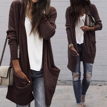 Long Loose Full Sleeve Big Pockets Open Long Coat on Luulla