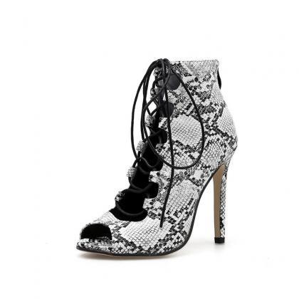 Snake Skin Pattern Peep Toe Lace Up Stiletto High Heels Sandals on Luulla