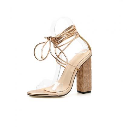 Rhinestone Solid Thick Heel Roman Cross Strapping Sandals on Luulla