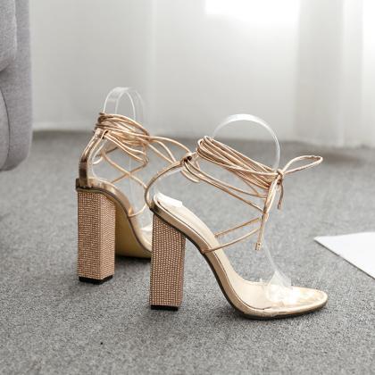 Rhinestone Solid Thick Heel Roman Cross Strapping Sandals on Luulla