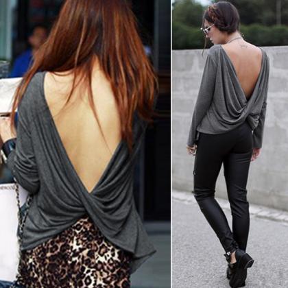 Wrap Draped Deep V-back Backless Blouse on Luulla