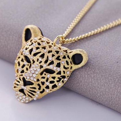 Rhinestone Leopard Tiger Head Chain Necklace Sweater Golden on Luulla