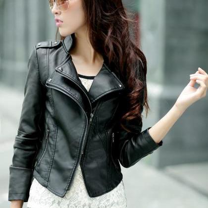 Shoulder Strap Zipper Pockets Lapel Crop Jacket on Luulla