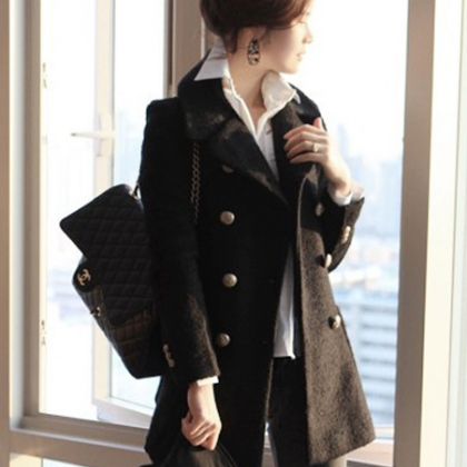 Double Breasted Lapel Slim Solid Long Coat on Luulla