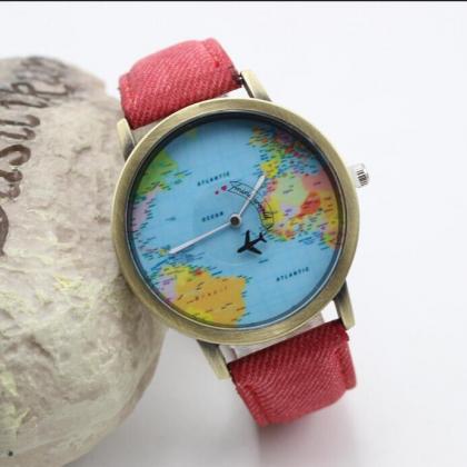 Denim Print Strap Map Plane Watch on Luulla