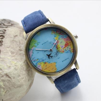 Denim Print Strap Map Plane Watch on Luulla