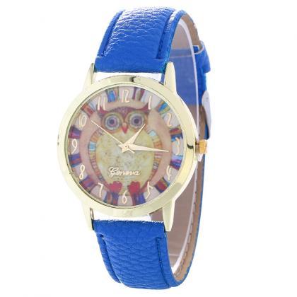 Colorful Owl Print Leather Watch on Luulla