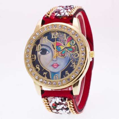 Pretty Girl Print Dial Crystal Strap Watch on Luulla
