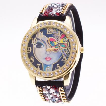 Pretty Girl Print Dial Crystal Strap Watch on Luulla