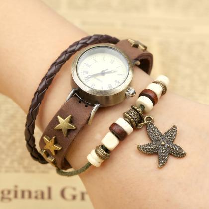 Retro Star Leather Woven Bracelet Watch on Luulla
