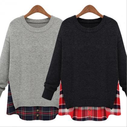 Plus Size Loose Scoop Long Sleeve False Two-piece T-shirt on Luulla