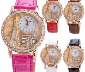 Women Rhinestone Luxury Watches Crystal Leather Tower Quartz Wrist ...