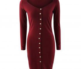 Sexy Front Button Square Neck Short Bodycon Dress on Luulla