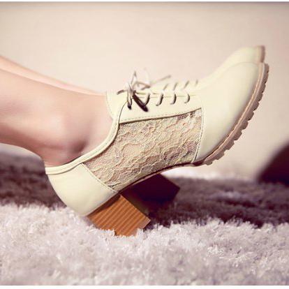 Lace Patchwork Round Toe Middle Chunky Heels Shoes on Luulla