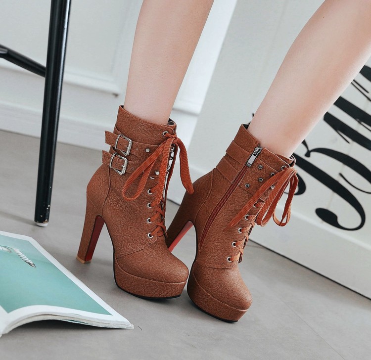 Motorcycle Lace Up Hasp Platform Stiletto High Heels Short Boots on Luulla