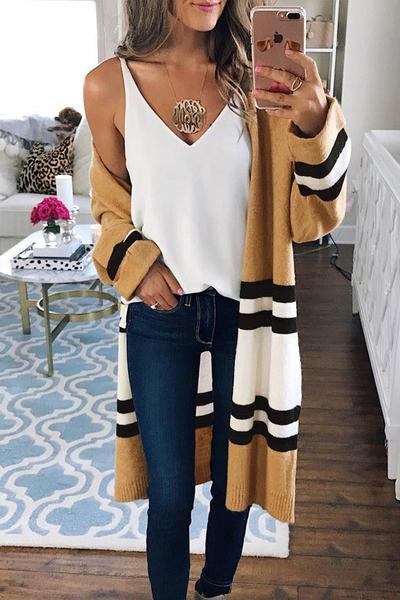 Stripes Patchwork Color Block Loose Cardigan on Luulla