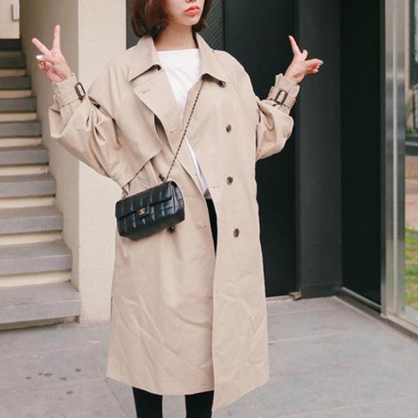 Double Breasted Buttons Loose Sleeves Long Coat on Luulla