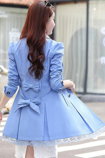 Lace Hem Patchwork Back Bowknot Lapel Double Breasted Long Coat on Luulla