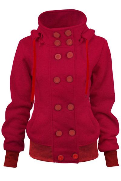 Double Breasted Drawstring Buttons Slim Regular Hooded Coat on Luulla