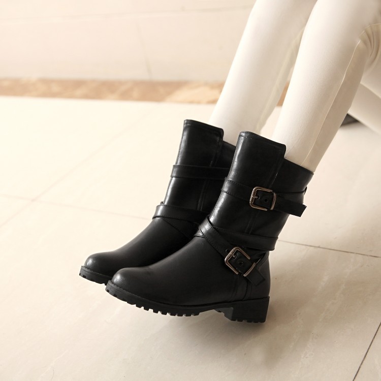 Round Toe Hasp Straps Low Chunky Heel Half Boots on Luulla
