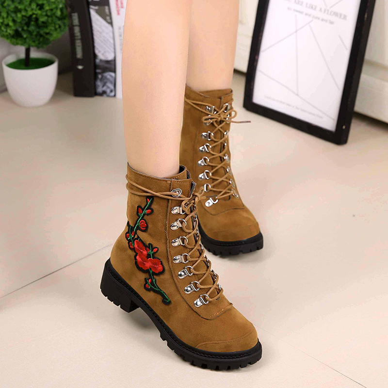 Scrub Pure Color Lace-up Chunky Heel Round Toe Boots on Luulla