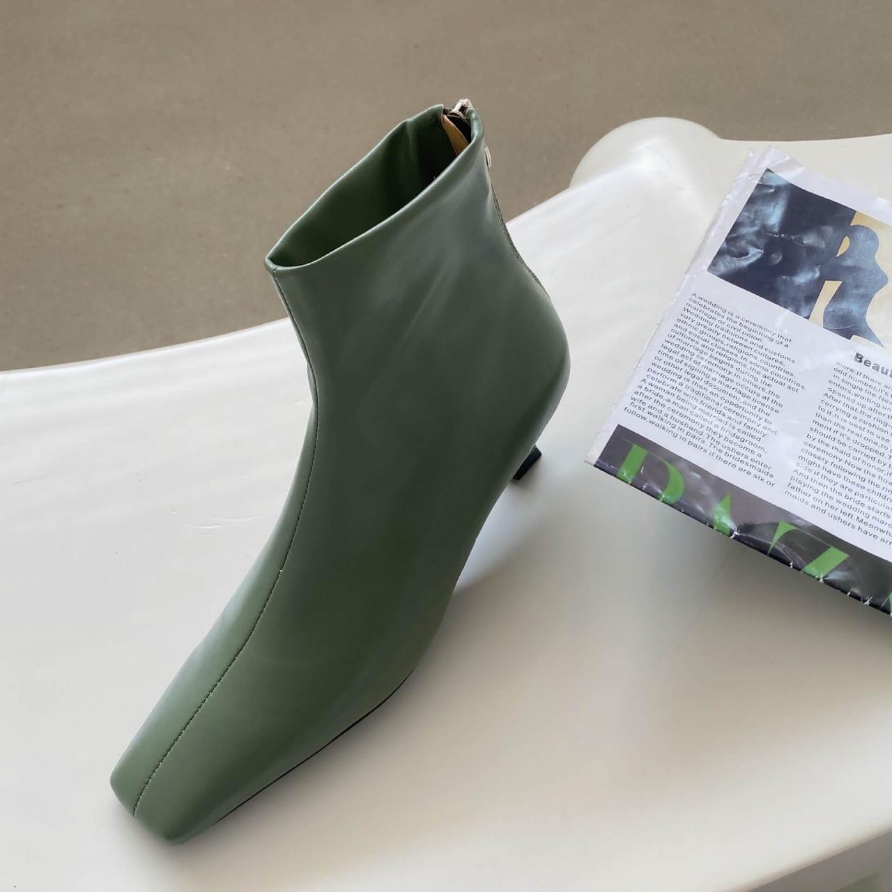 Dark Green Fashion Leather Square Toe Low Heel Stretch Calf Boots on Luulla