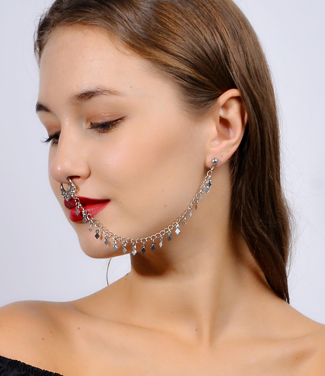 Exaggerated Punk Earrings Geometric Diamond Tassel Chain Earrings Nose ...