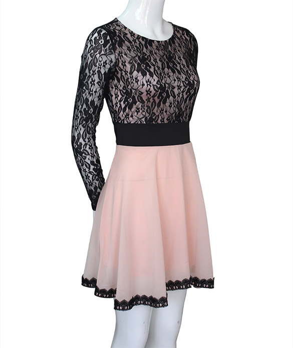 Long Sleeve Lace Chiffon Patchwork Dress on Luulla