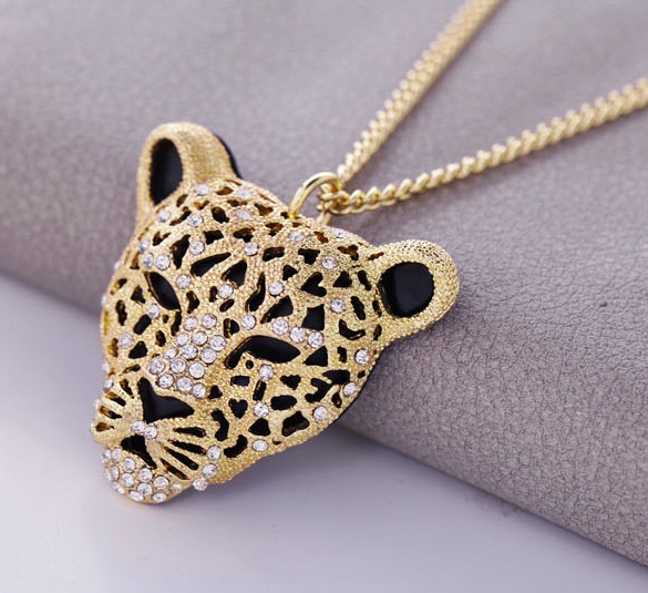 Rhinestone Leopard Tiger Head Chain Necklace Sweater Golden on Luulla