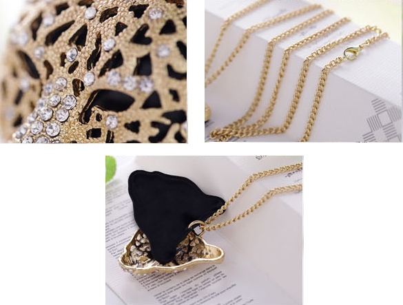 Rhinestone Leopard Tiger Head Chain Necklace Sweater Golden on Luulla