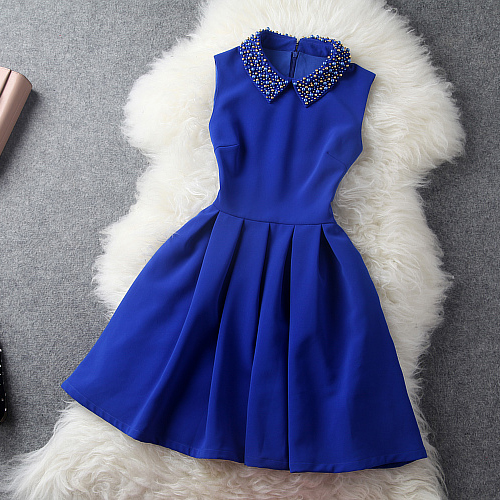 Handmade Beadings A-line Pure Color Short Dress on Luulla