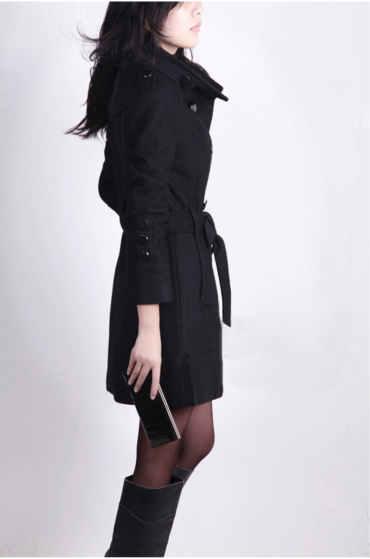 Double Breasted Stand Collar Belt Slim Long Plus Size Coat on Luulla