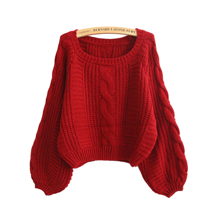 Cable Sleeve Coarse Yam Pure Color Pullover Sweater on Luulla