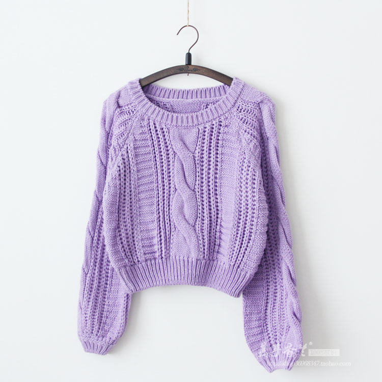 Cable Sleeve Coarse Yam Pure Color Pullover Sweater on Luulla