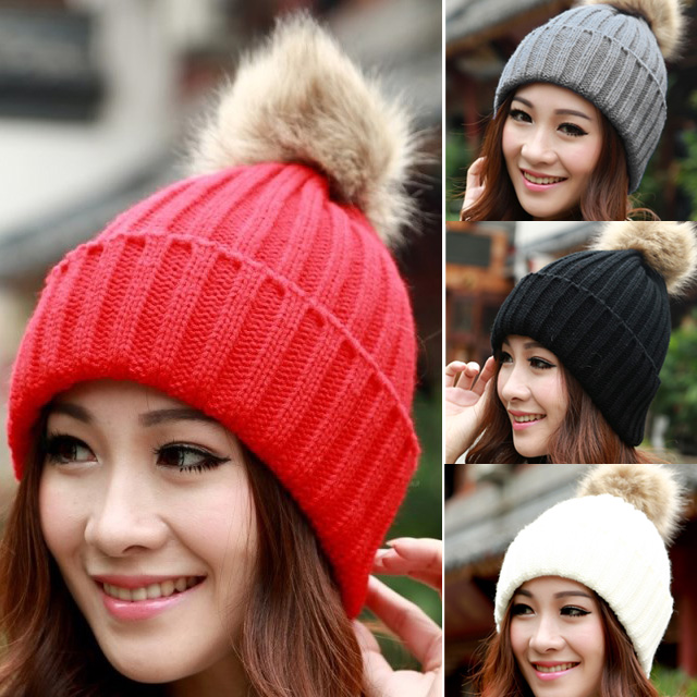Women's Knit Cap Beanie Hat With Fur Winter Slouch Elastic on Luulla