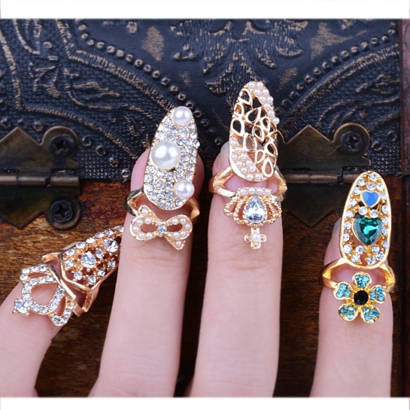 Fashion Bowknot Crown Crystal Finger Nail Art Ring Jewelry Fake Nail ...