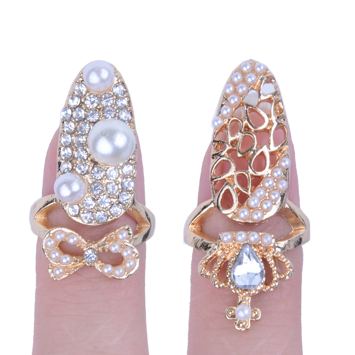 Fashion Bowknot Crown Crystal Finger Nail Art Ring Jewelry Fake Nail ...