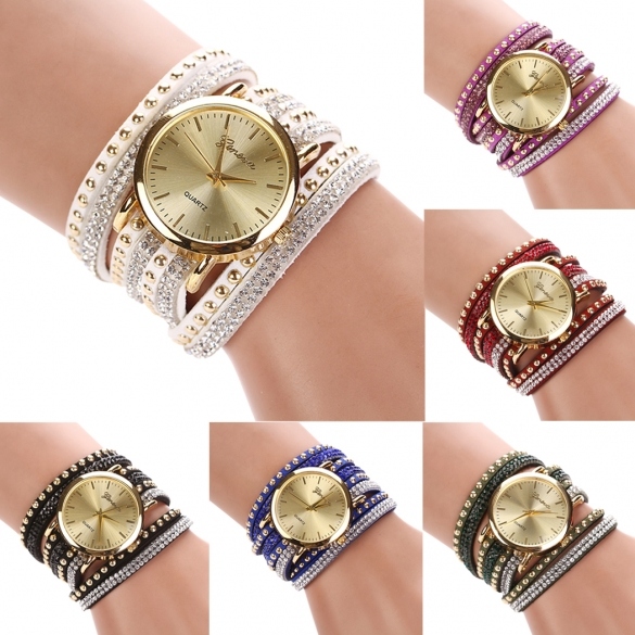 Fashion Rhinestone Rivet Circle Belt Synthetic Leather Bracelet Watch ...