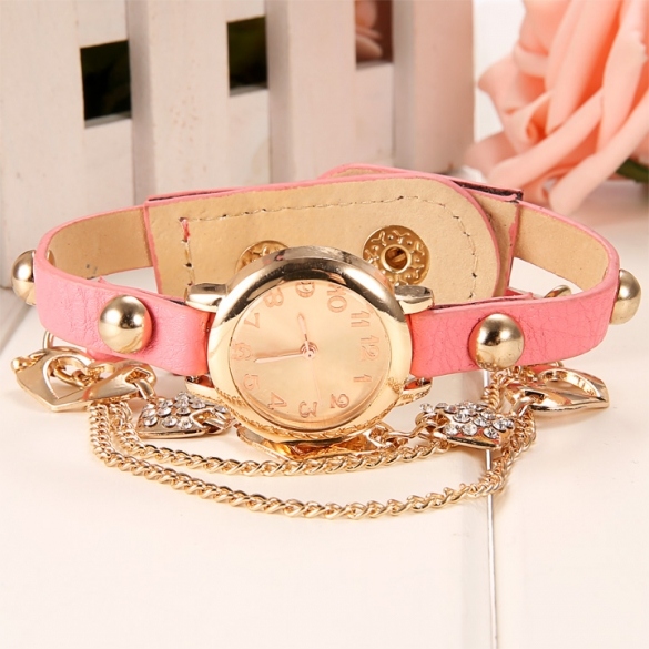 Women Faux Leather Strap Round Dial Quartz Watch Heart Chain Bracelet ...