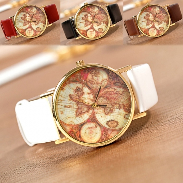 World Map Globe Leather Alloy Unisex Analog Quartz Wristwatch on Luulla
