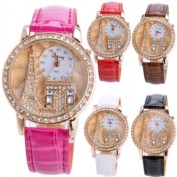 Women Rhinestone Luxury Watches Crystal Leather Tower Quartz Wrist ...