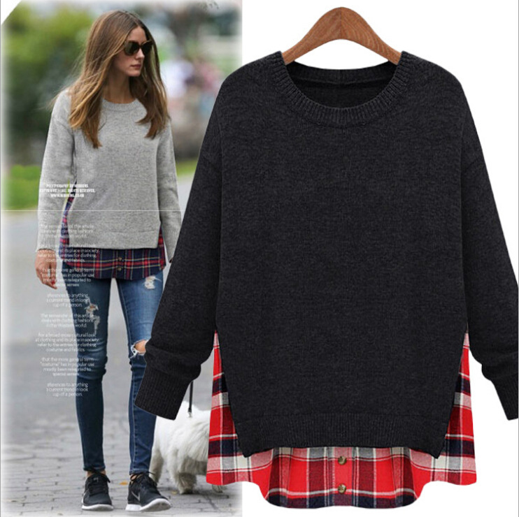 Plus Size Loose Scoop Long Sleeve False Two-piece T-shirt on Luulla