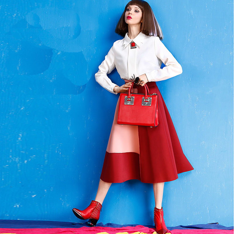 Contrast Color High Waist Pleated Long A-line Skirt on Luulla